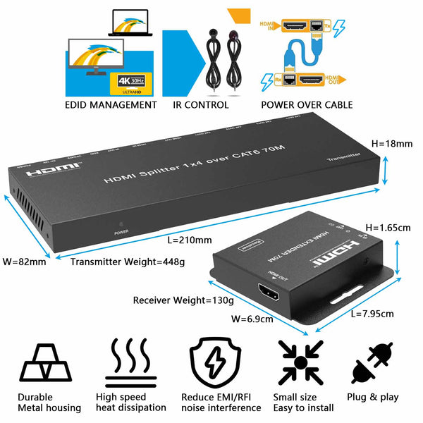 1x4 HDMI Splitter Extender over Cat6/7 Cable 70m 1080P 60Hz-BUNGPUNG
